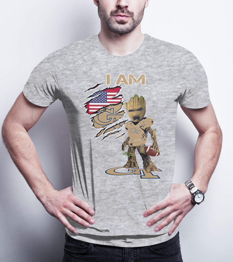 I Am Georgia Tech GT Baby Groot American Flag Football T-Shirt