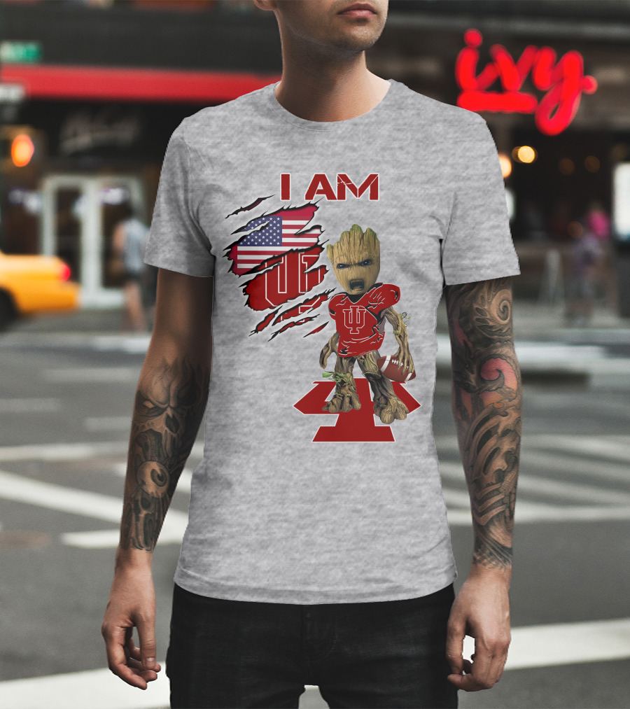 I Am Iu Hoosiers Baby Groot American Flag Football T-Shirt