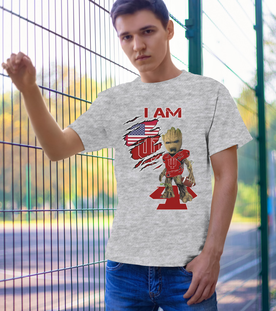 I Am Iu Hoosiers Baby Groot American Flag Football T-Shirt