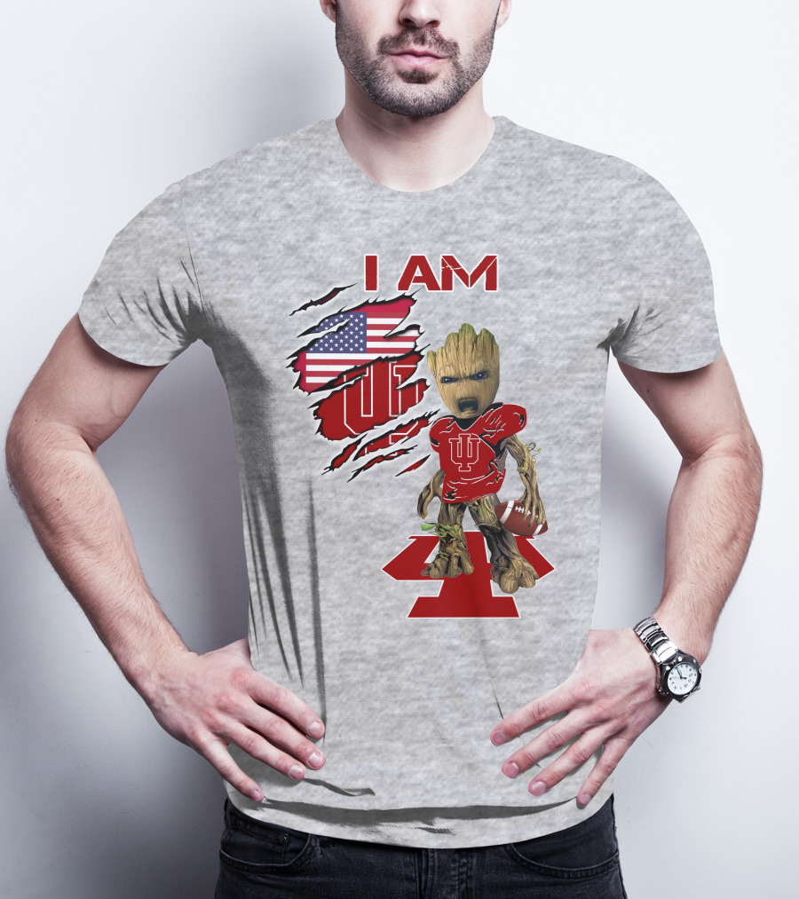 I Am Iu Hoosiers Baby Groot American Flag Football T-Shirt
