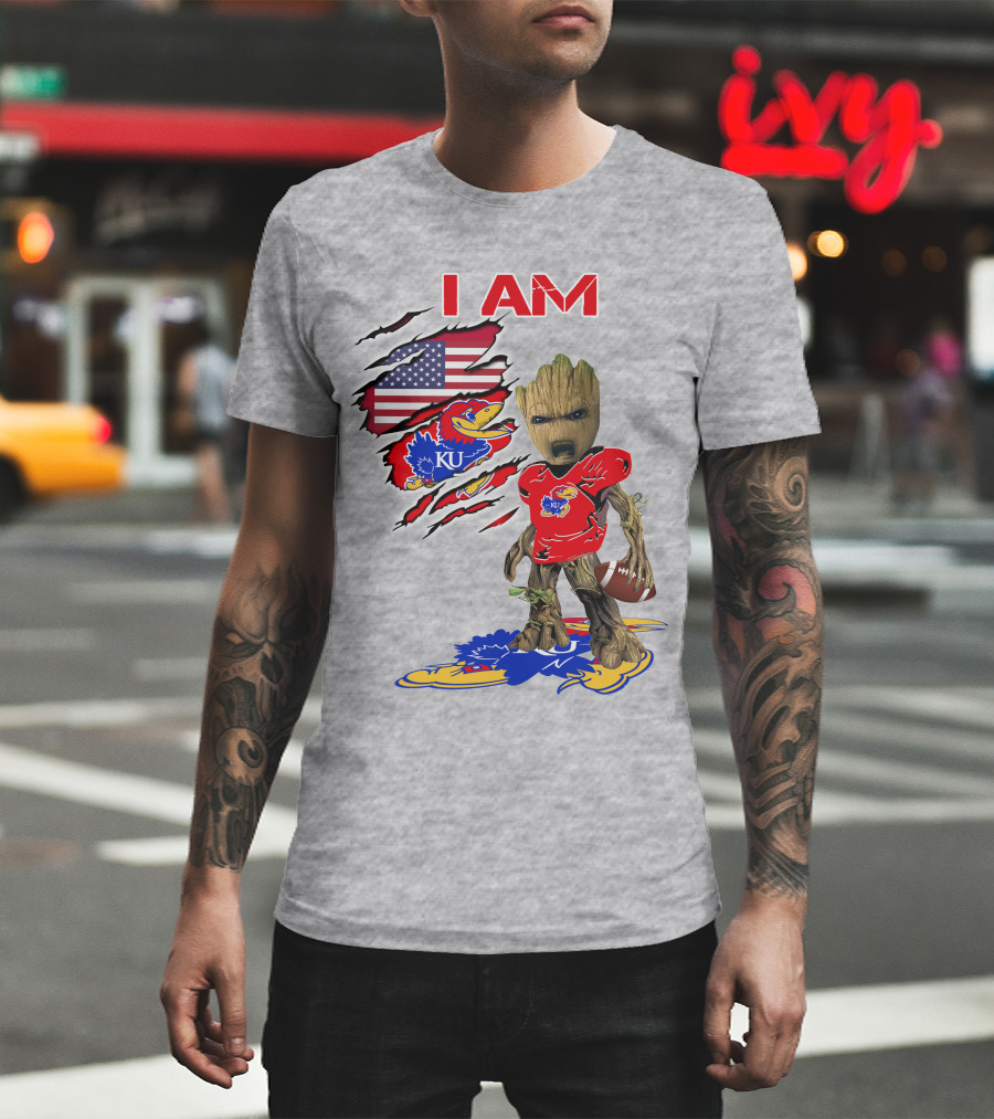 I AM KU Baby Groot Kansas Jayhawks Football Patriotic American Flag T-Shirt