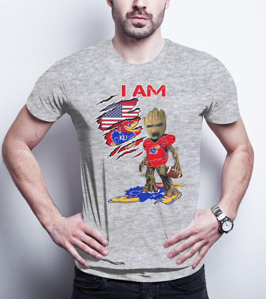 I AM KU Baby Groot Kansas Jayhawks Football Patriotic American Flag T-Shirt