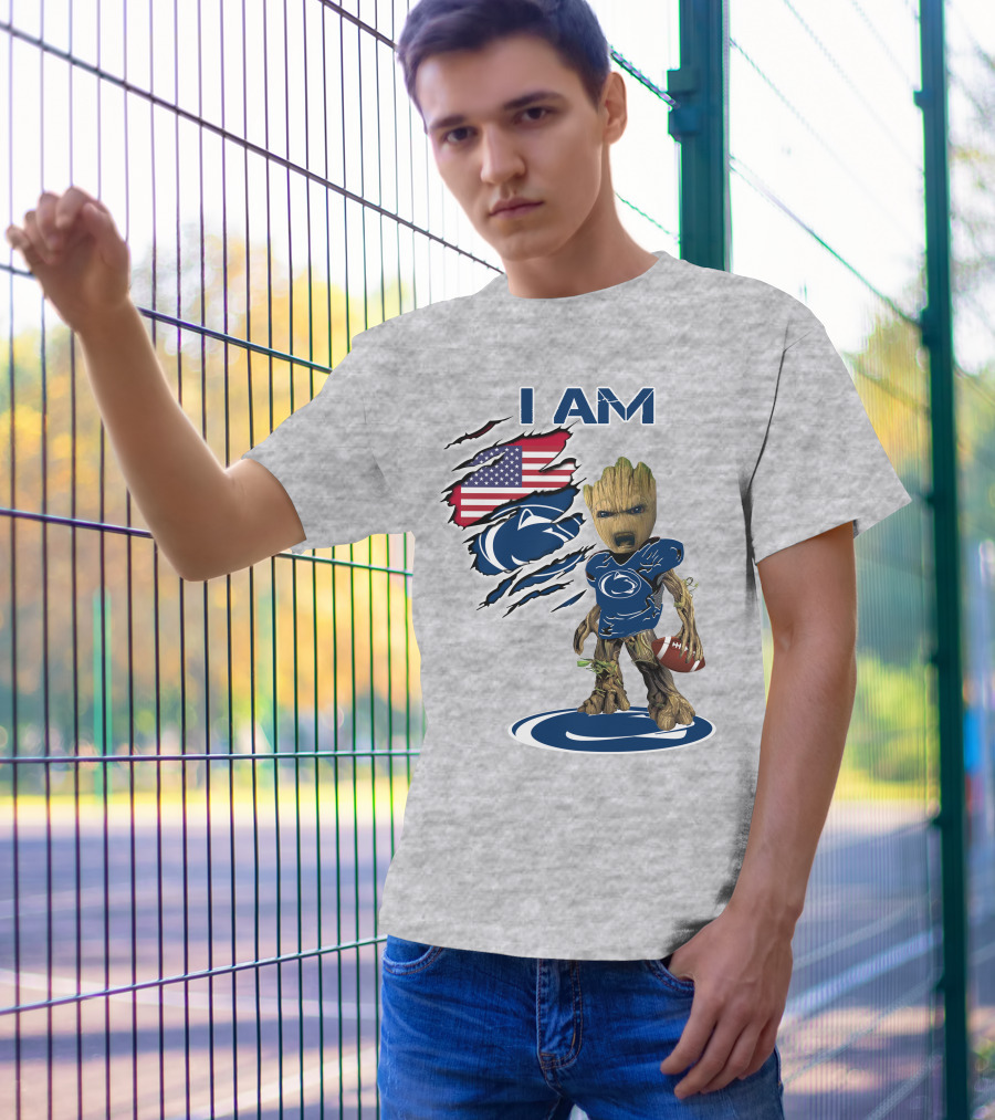 I Am Penn State Baby Groot American Flag Football T-Shirt