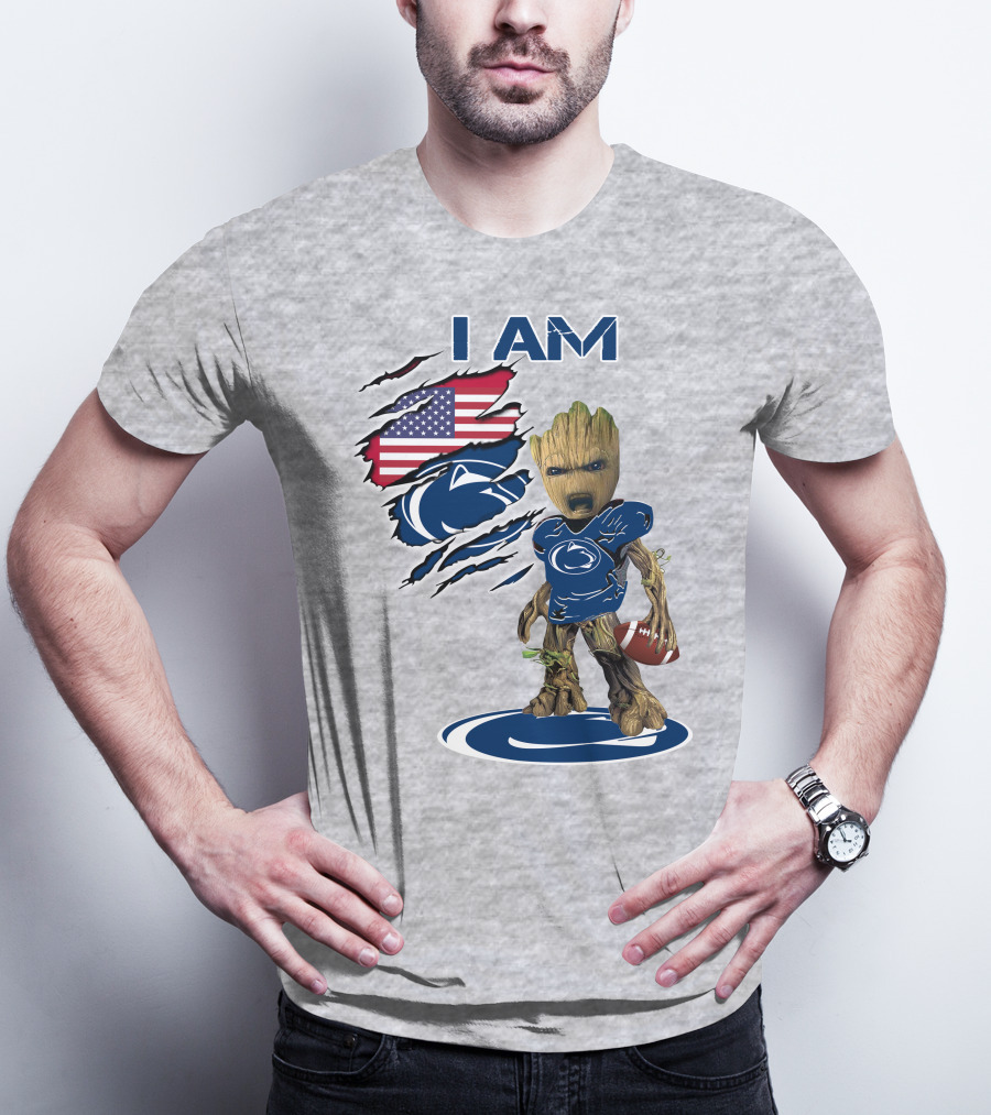 I Am Penn State Baby Groot American Flag Football T-Shirt