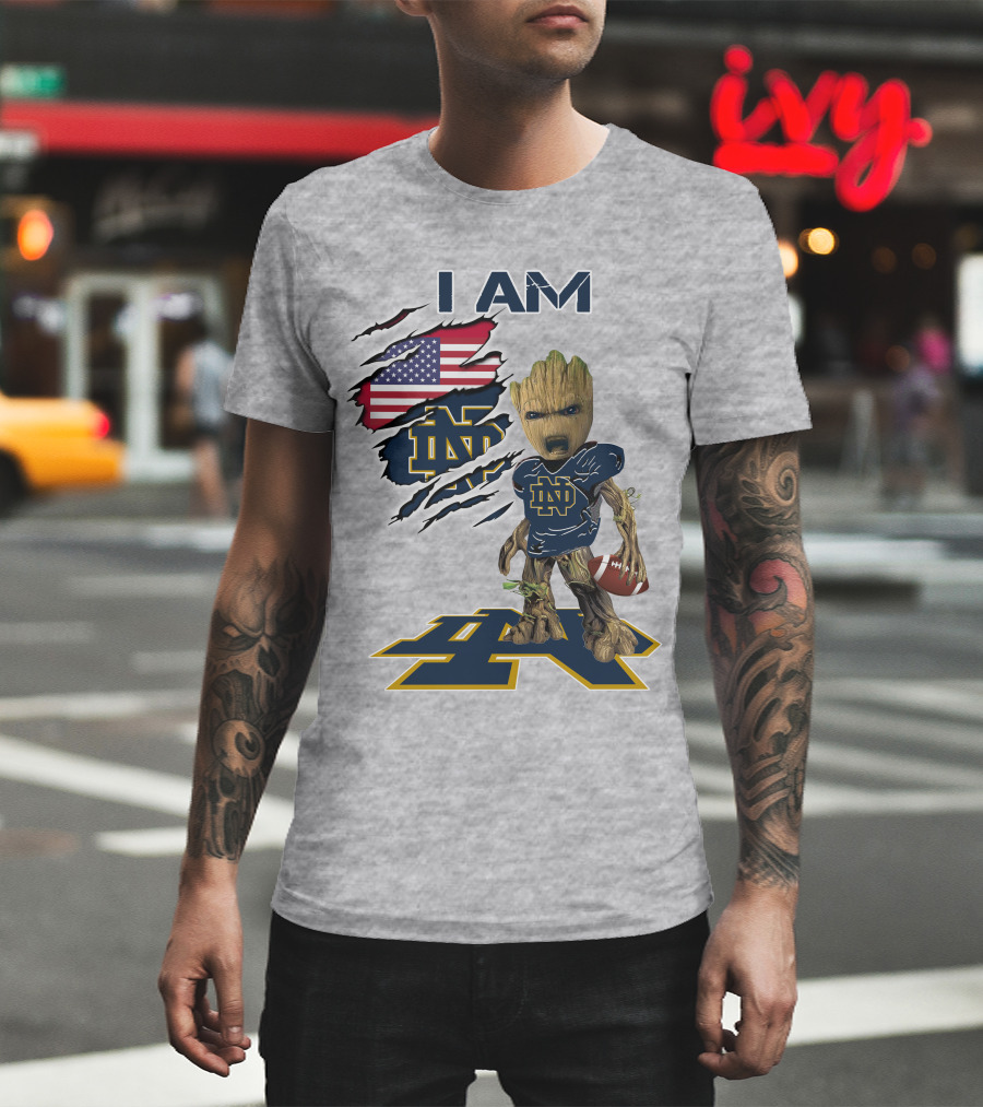 I Am Notre Dame Baby Groot American Flag Football T-Shirt