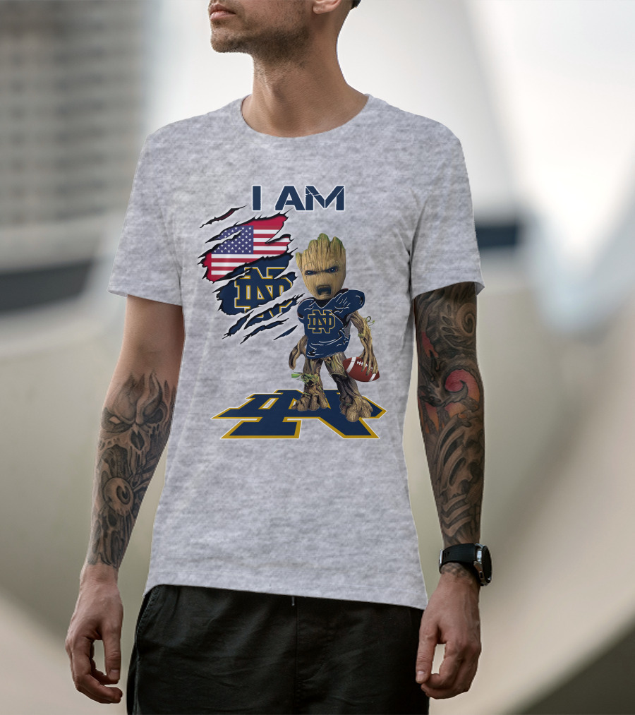 I Am Notre Dame Baby Groot American Flag Football T-Shirt
