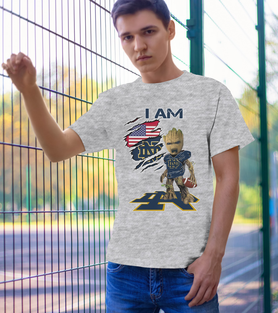 I Am Notre Dame Baby Groot American Flag Football T-Shirt
