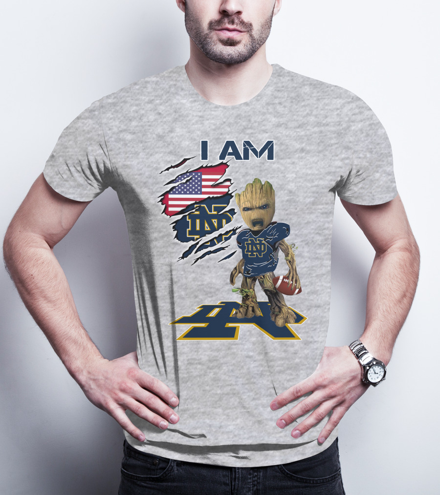 I Am Notre Dame Baby Groot American Flag Football T-Shirt