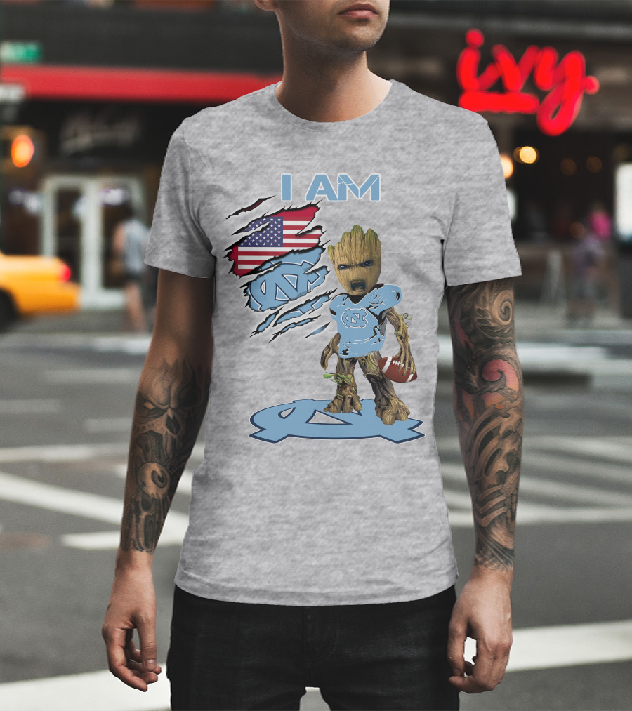 I AM Tarheel Baby Groot UNC Football USA Flag T-Shirt