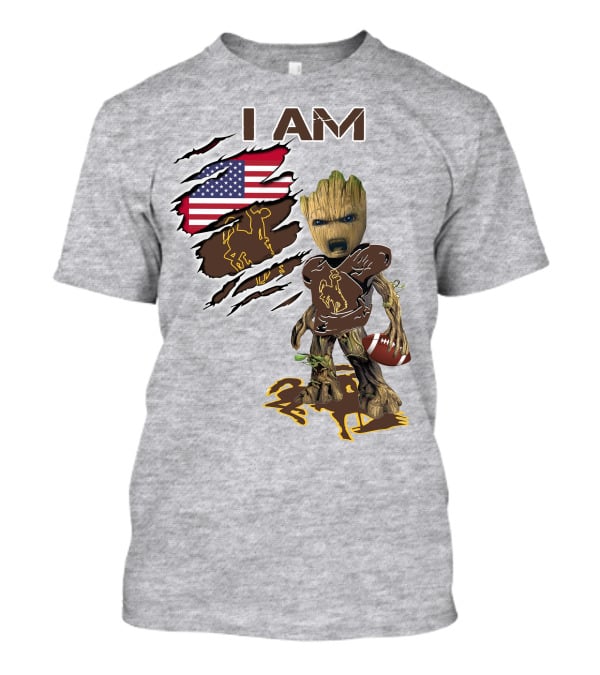 I AM Wyoming Baby Groot Football American Flag Cowboy T-Shirt