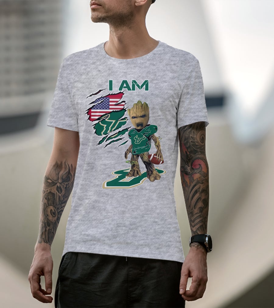 I AM USF Baby Groot Football American Flag T-Shirt