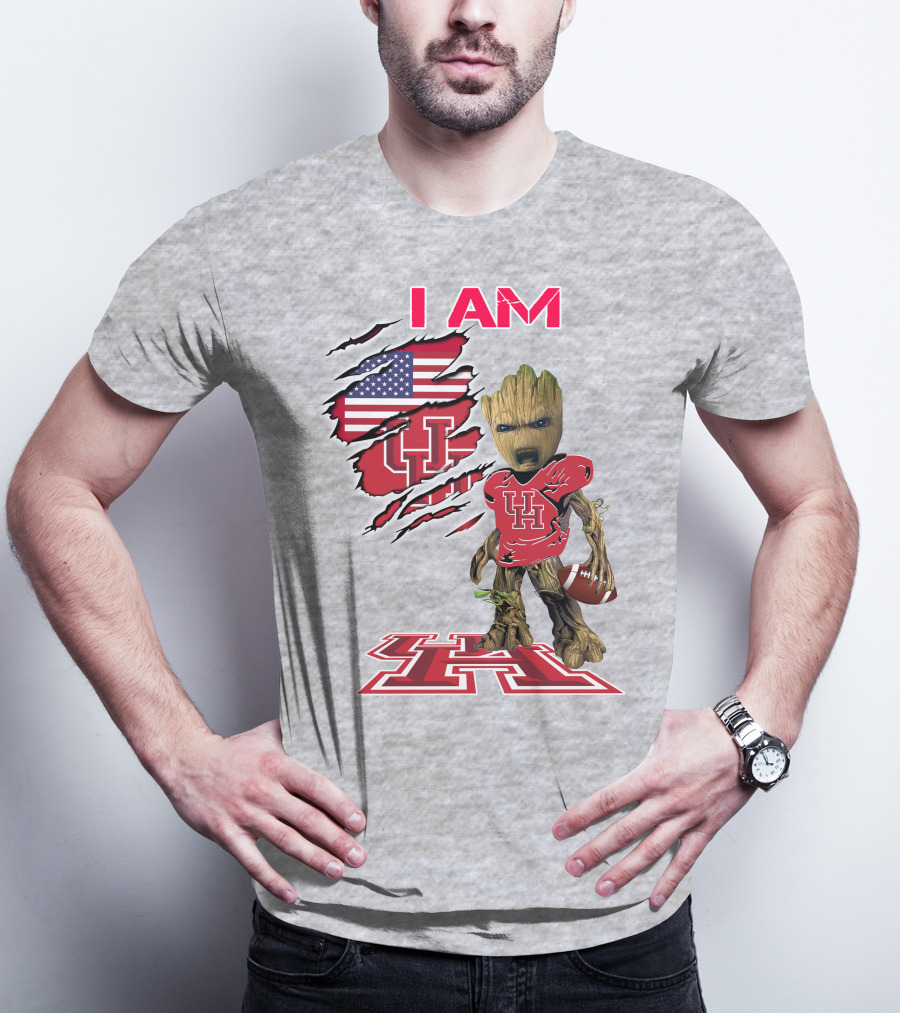 I AM Houtons Baby Groot UH Football American Flag Background T-Shirt