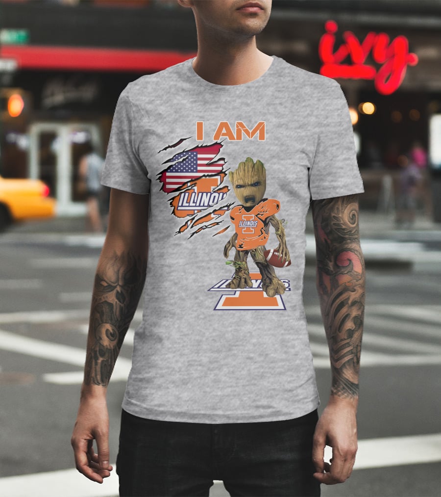 I AM Illinois Baby Groot Football American Flag T-Shirt