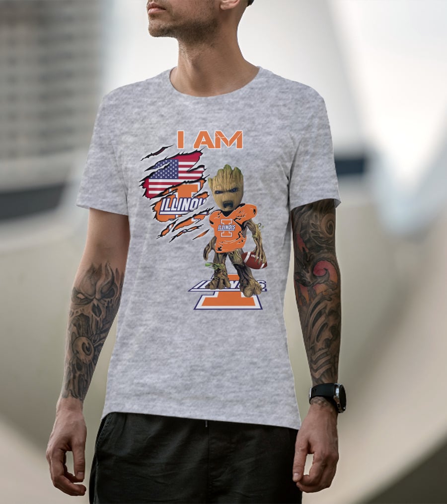 I AM Illinois Baby Groot Football American Flag T-Shirt