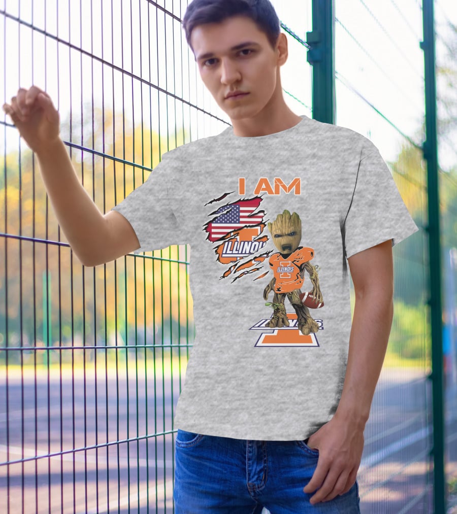 I AM Illinois Baby Groot Football American Flag T-Shirt
