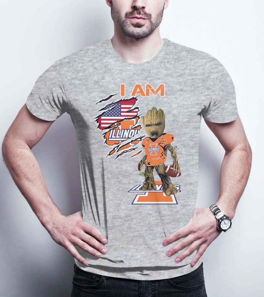I AM Illinois Baby Groot Football American Flag T-Shirt
