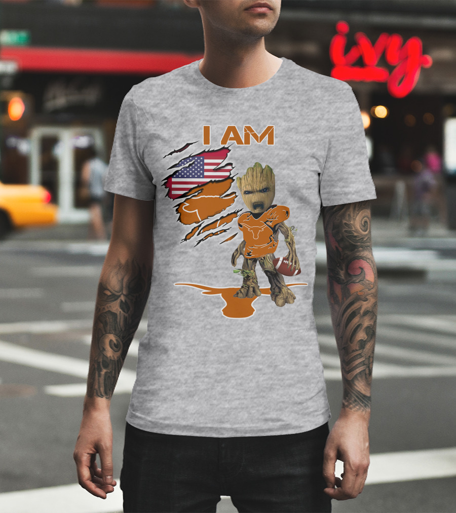 I AM Longhorn Baby Groot Football USA Flag T-Shirt