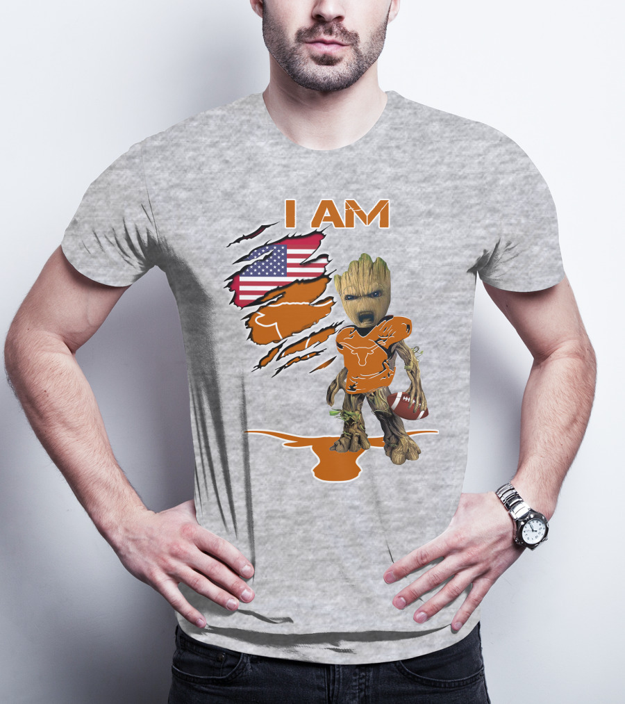 I AM Longhorn Baby Groot Football USA Flag T-Shirt