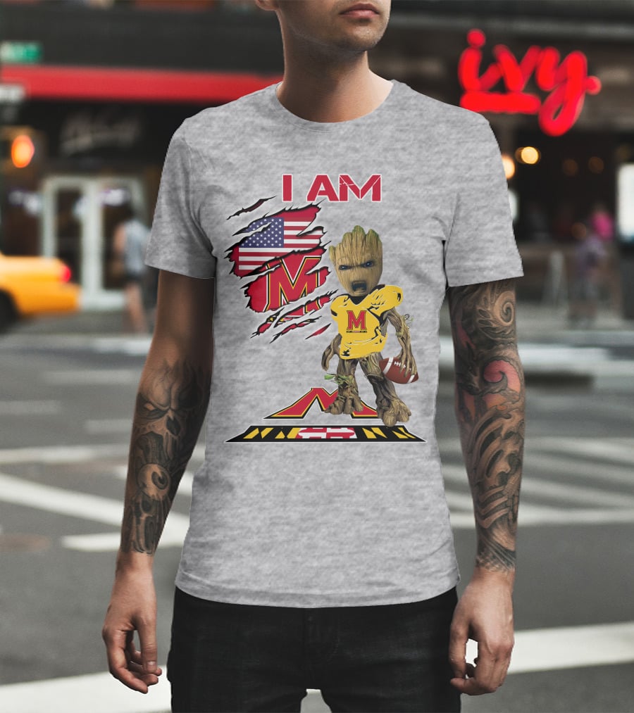 I AM Baby Groot Maryland Football American Flag M T-Shirt