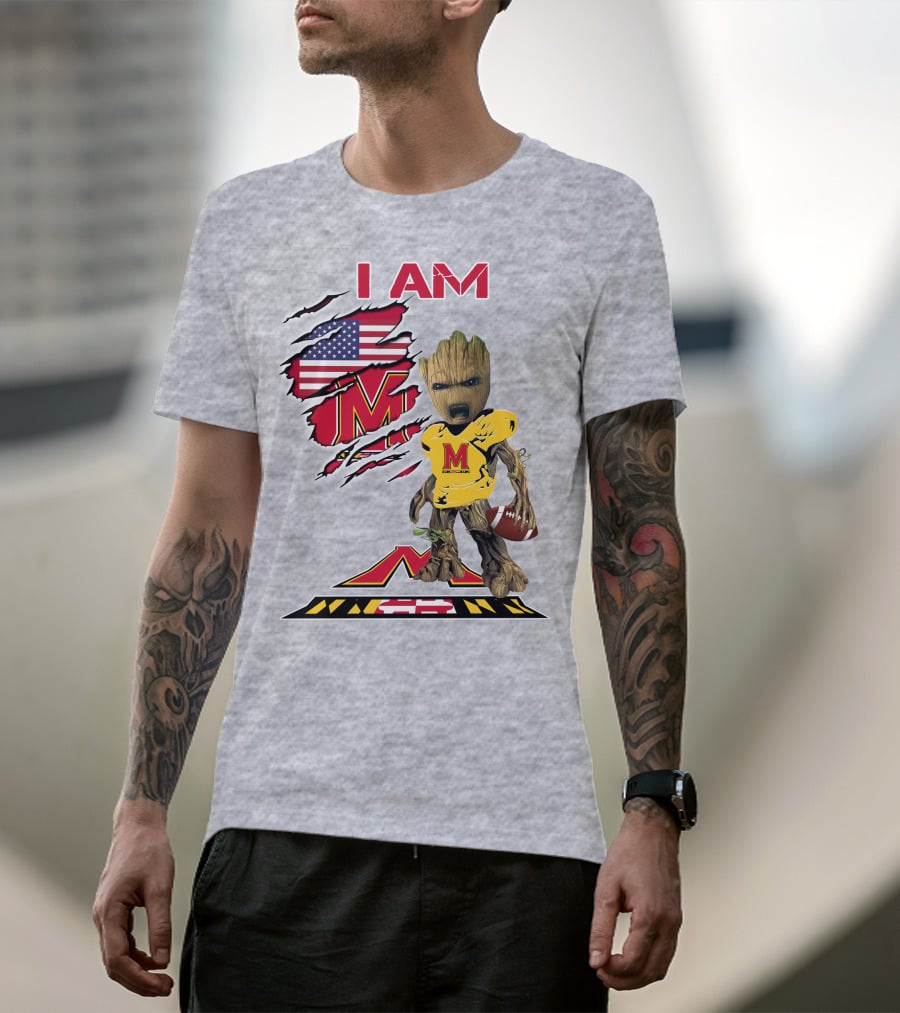 I AM Baby Groot Maryland Football American Flag M T-Shirt