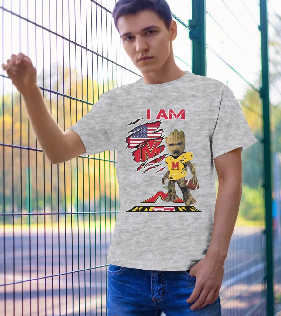 I AM Baby Groot Maryland Football American Flag M T-Shirt