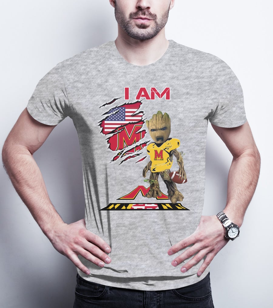 I AM Baby Groot Maryland Football American Flag M T-Shirt
