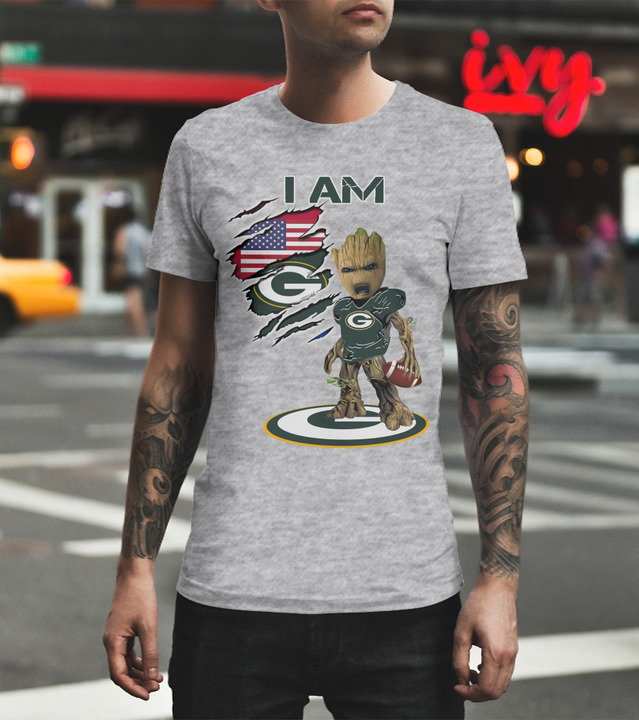 I Am Packers Baby Groot American Flag Football T-Shirt