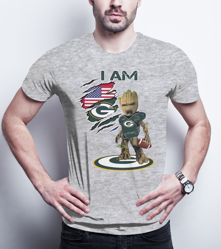 I Am Packers Baby Groot American Flag Football T-Shirt