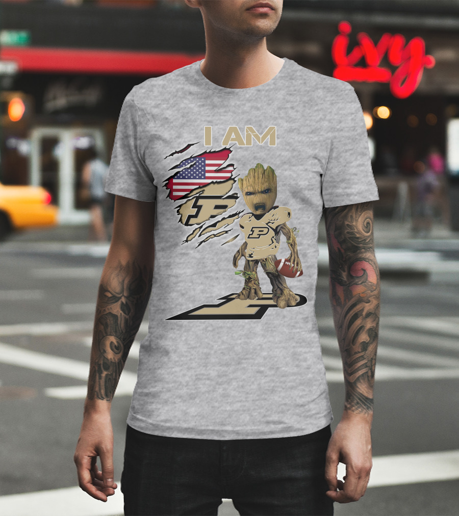 I AM Purdue Baby Groot Football American Flag P T-Shirt