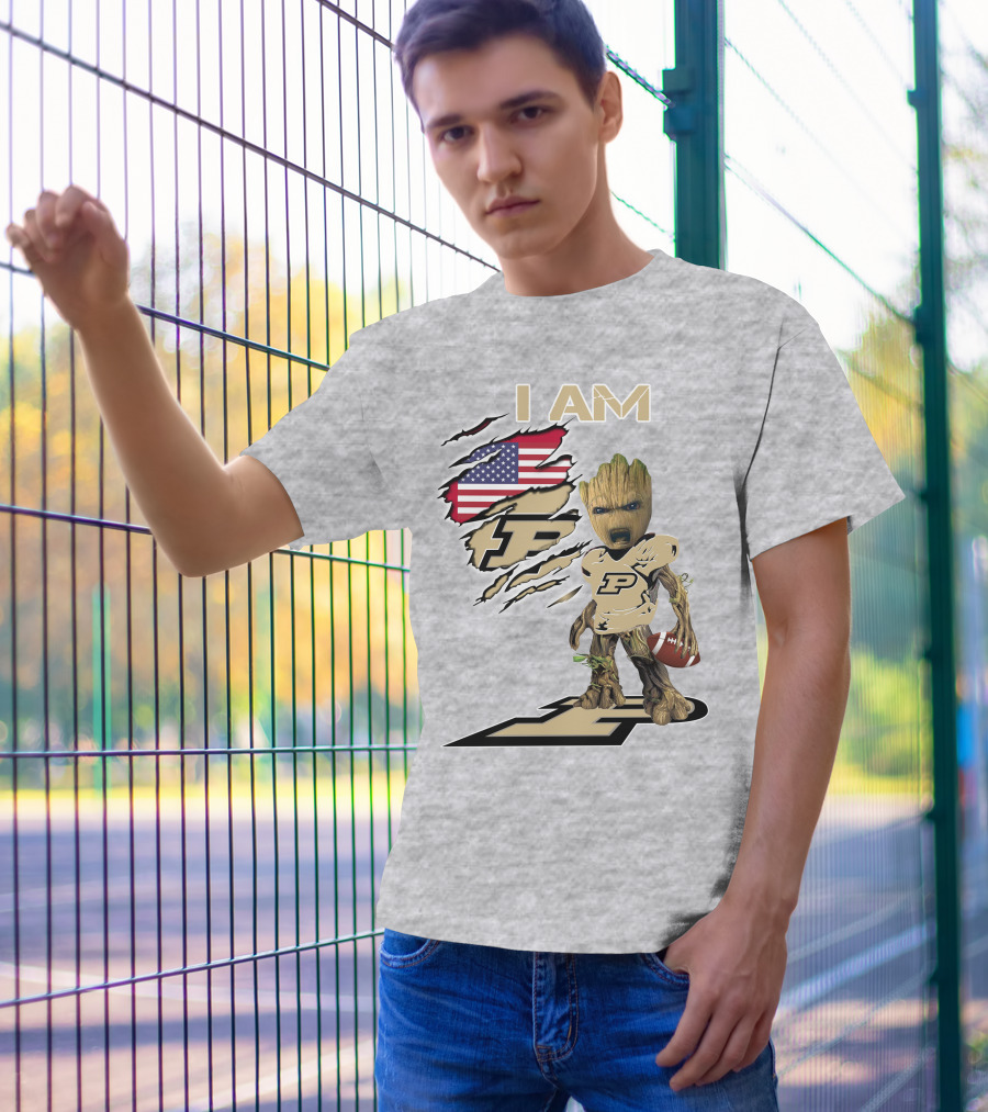 I AM Purdue Baby Groot Football American Flag P T-Shirt