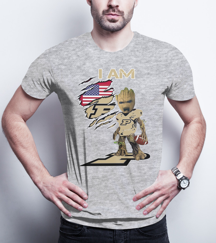 I AM Purdue Baby Groot Football American Flag P T-Shirt