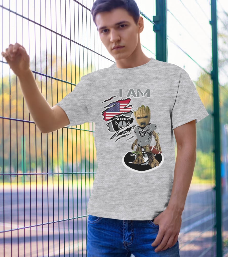 I Am Raiders Baby Groot American Flag Football T-Shirt