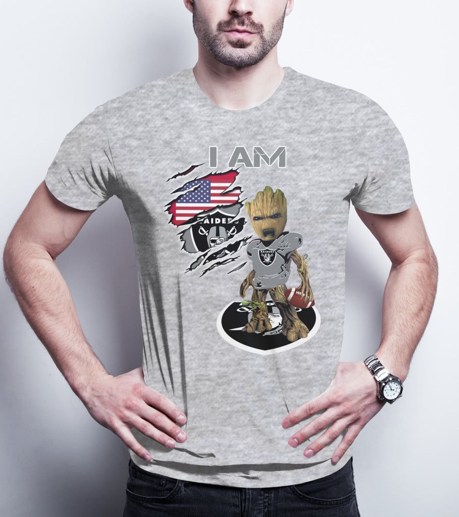 I Am Raiders Baby Groot American Flag Football T-Shirt