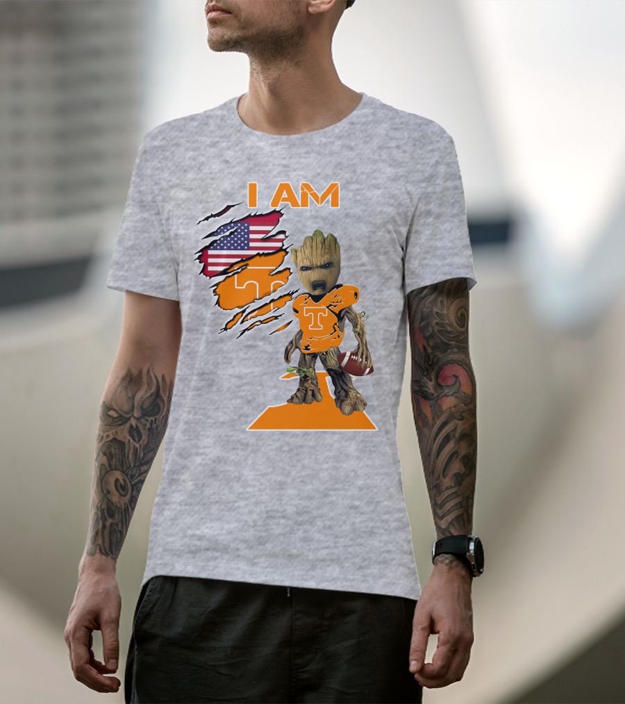 I AM Tennessee Baby Groot Football American Flag T-Shirt
