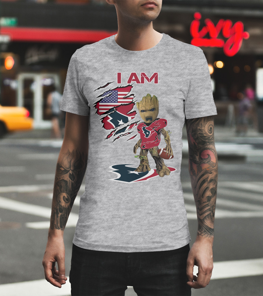 I Am Texans Baby Groot Football Usa Flag T-Shirt