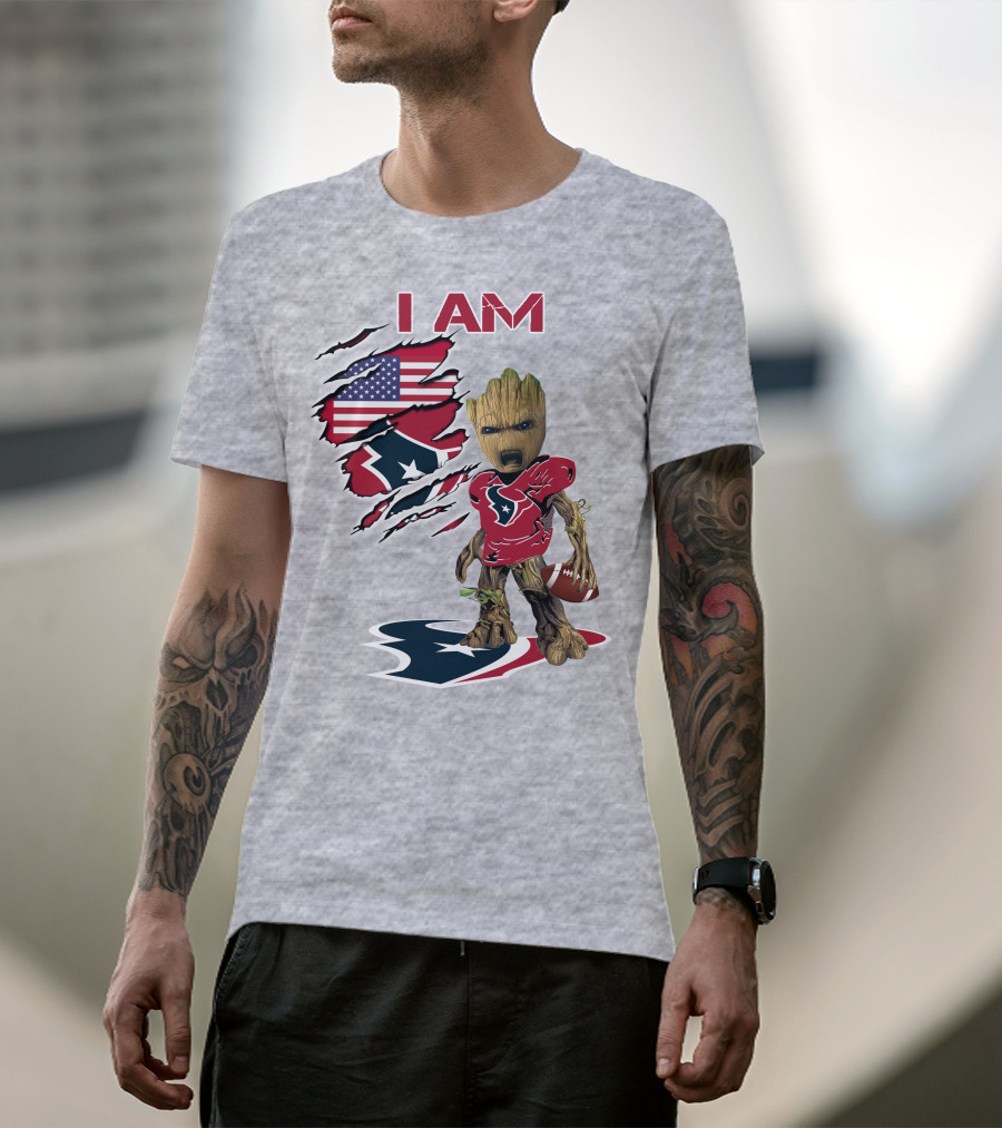 I Am Texans Baby Groot Football Usa Flag T-Shirt