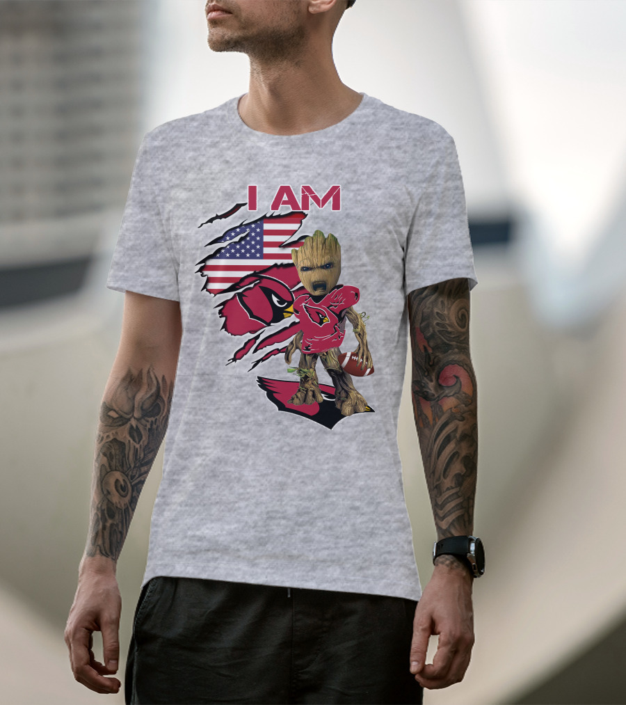 I Am Cardinals Baby Groot American Flag Football T-Shirt