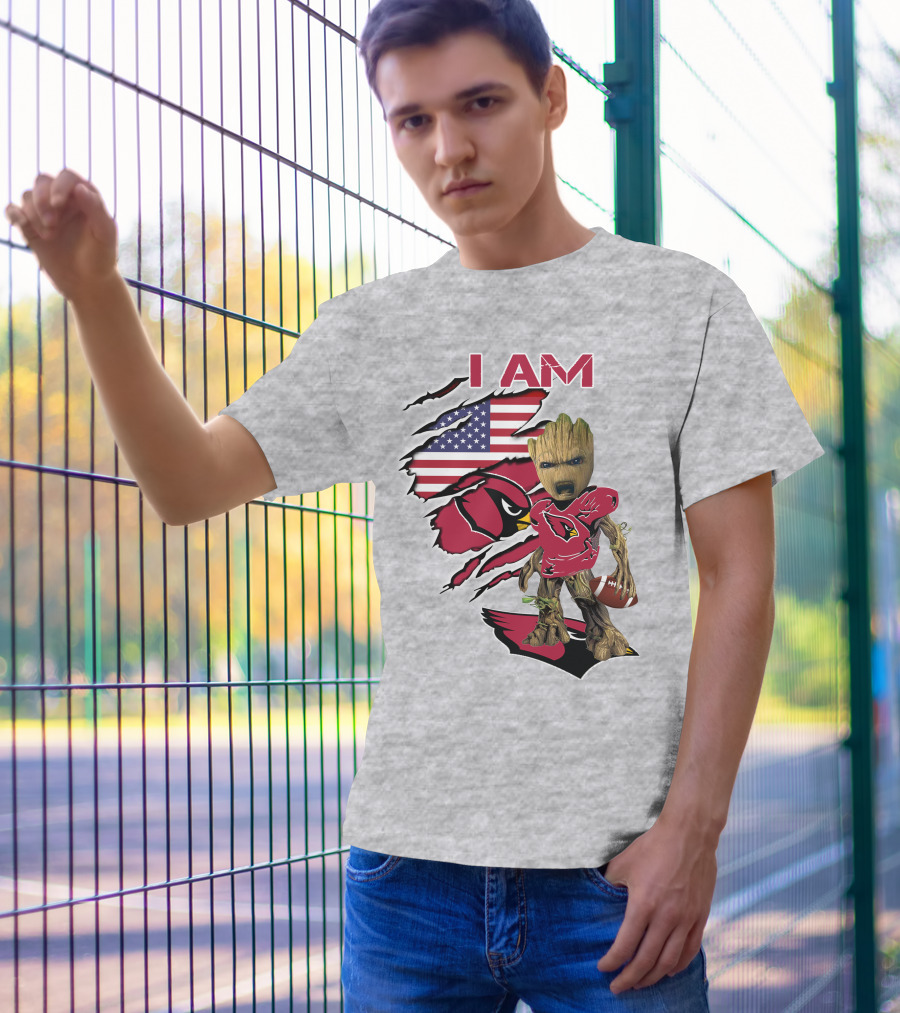 I Am Cardinals Baby Groot American Flag Football T-Shirt