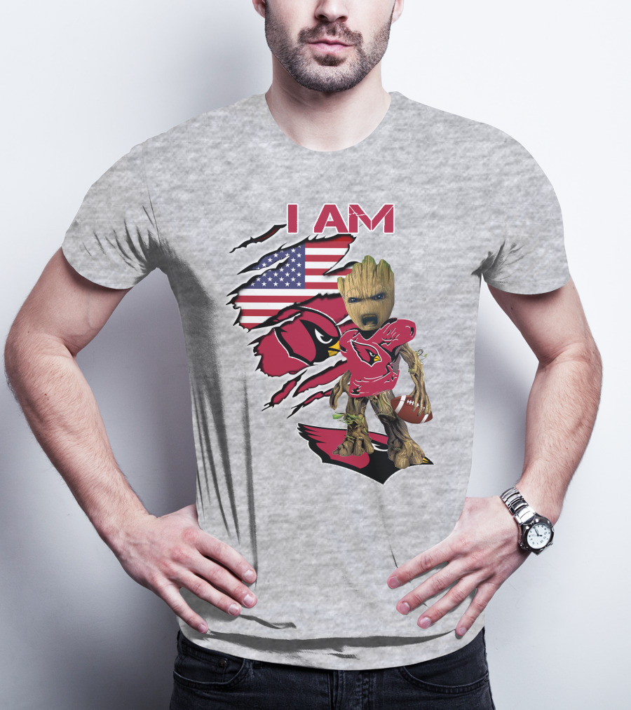 I Am Cardinals Baby Groot American Flag Football T-Shirt