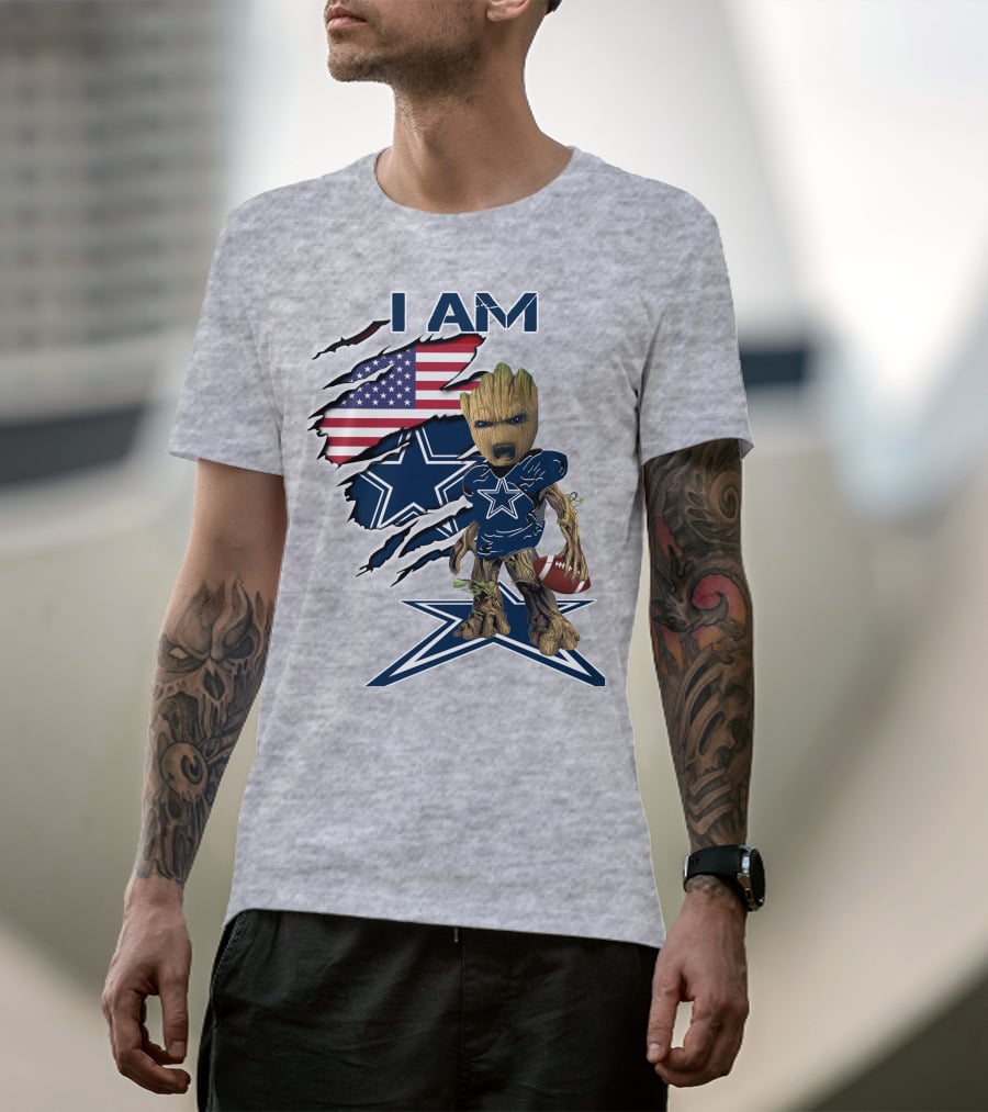 I Am Baby Groot Cowboys Fan With American Flag And Football T-Shirt