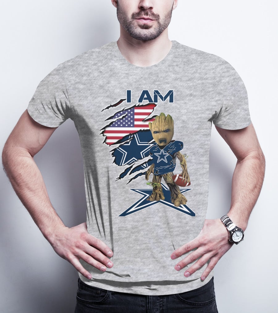 I Am Baby Groot Cowboys Fan With American Flag And Football T-Shirt