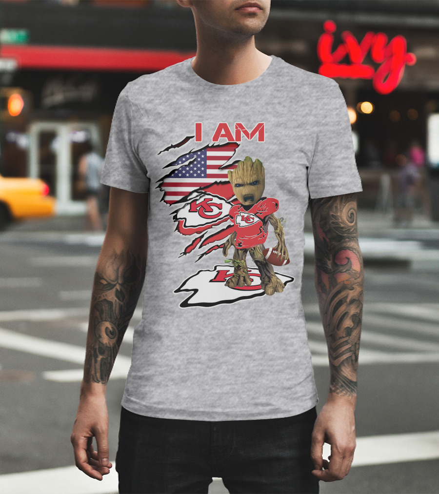 I Am Chiefs Baby Groot Kansas City Football American Flag T-Shirt