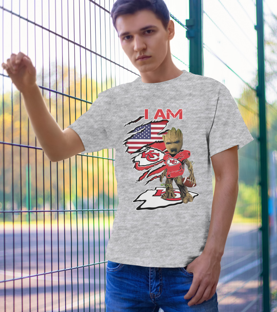 I Am Chiefs Baby Groot Kansas City Football American Flag T-Shirt