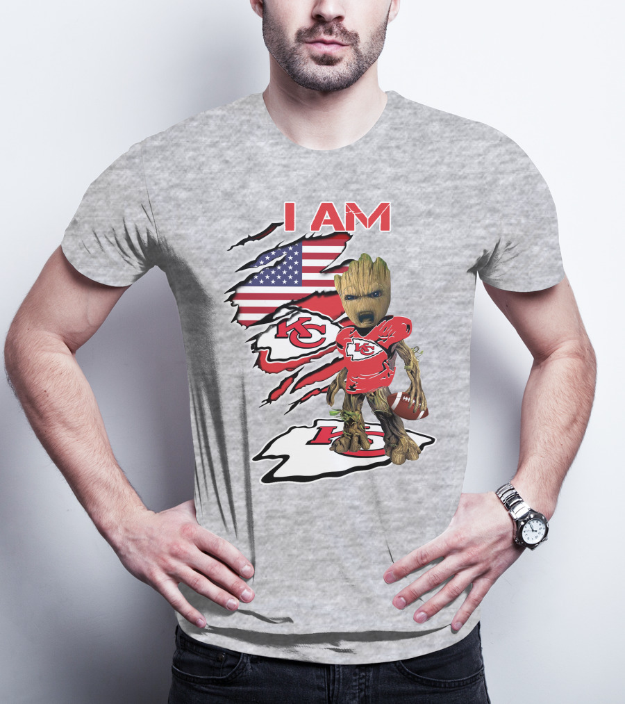 I Am Chiefs Baby Groot Kansas City Football American Flag T-Shirt