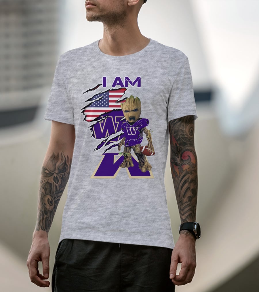 I AM Huskies Baby Groot Football USA Flag T-Shirt