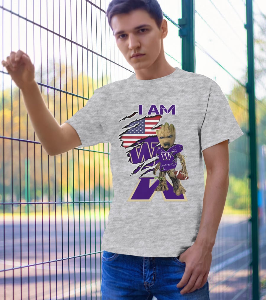 I AM Huskies Baby Groot Football USA Flag T-Shirt