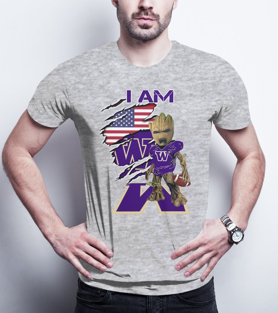 I AM Huskies Baby Groot Football USA Flag T-Shirt