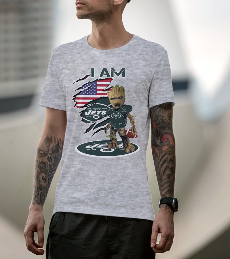 I Am Jets Baby Groot American Flag Football Fan T-Shirt