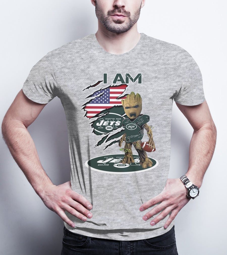 I Am Jets Baby Groot American Flag Football Fan T-Shirt