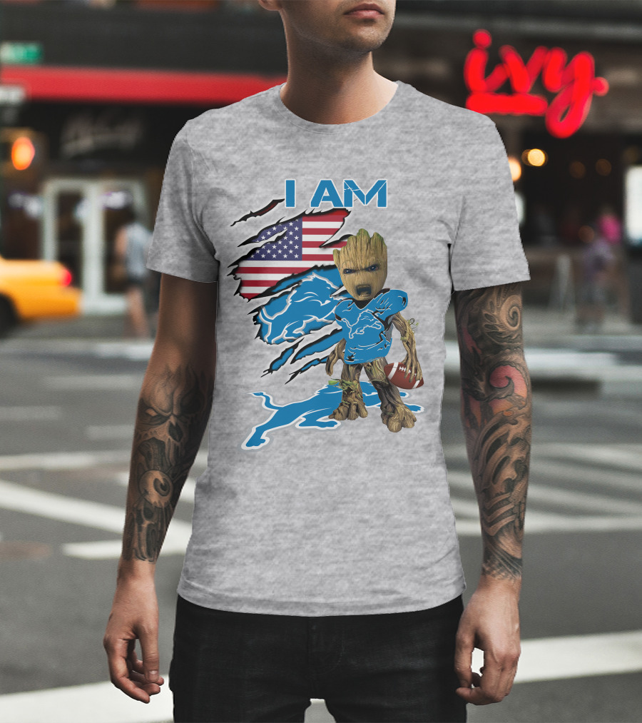 I Am Lions Baby Groot Football American Flag T-Shirt